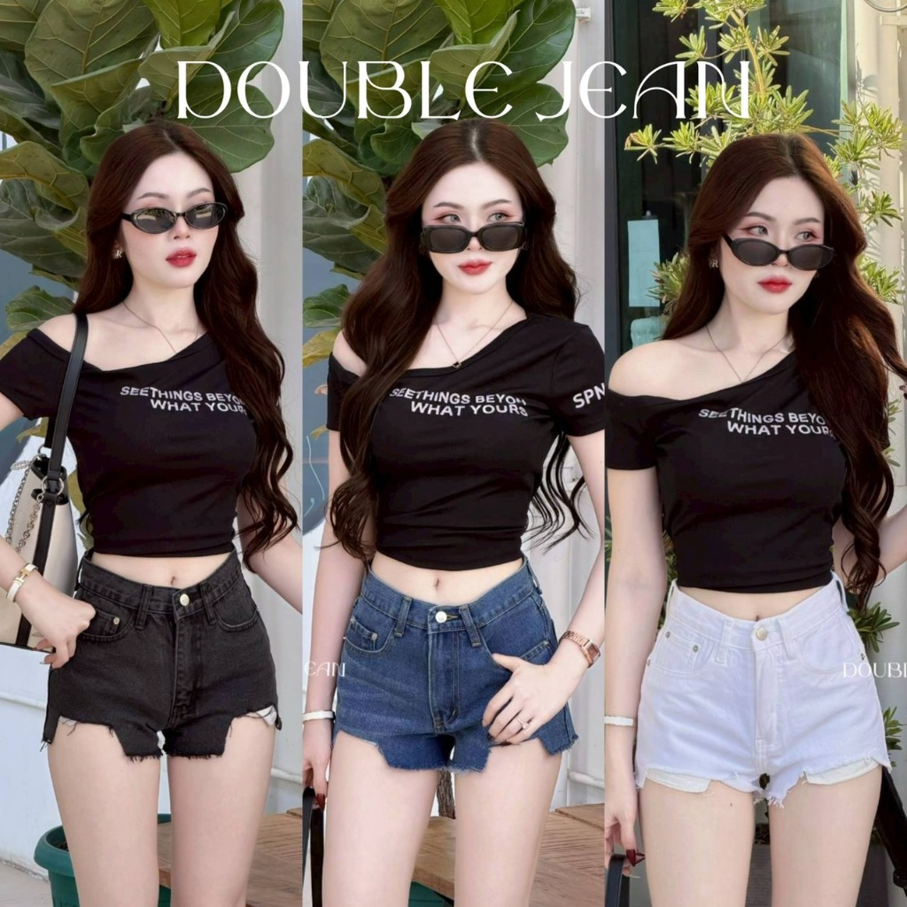 DOUBLE JEAN กางเกงขาสั้นผู้หญิงสียีนส์[S-5XL]แต่งขาดหน้า BB jeans ทรง ...