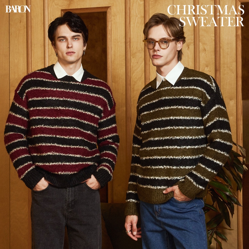 BARON CHRISTMAS SWEATER เสื้อสเวตเตอร์แขนยาว เสื้อสเวตเตอร์ลายขวางโทน ...
