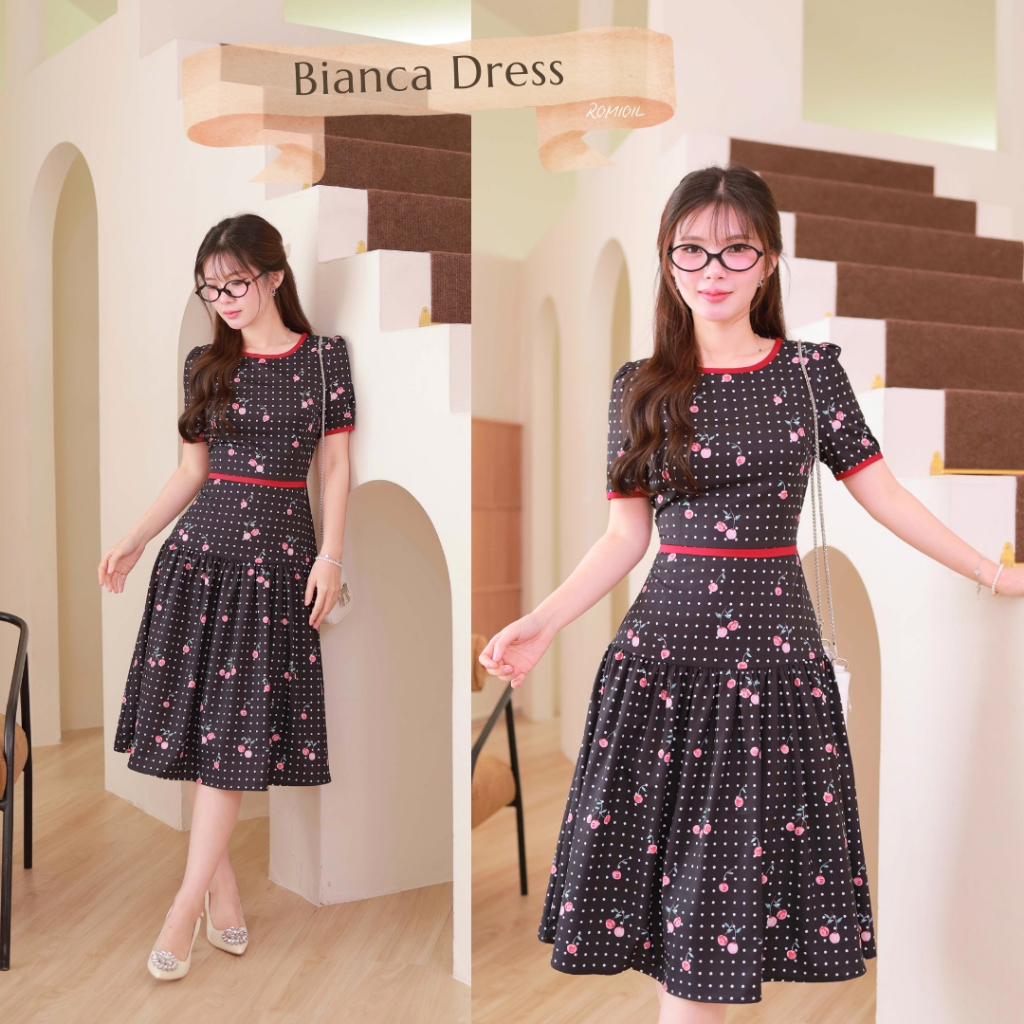 "Romi"Oil" Sweet Cherry Dress K294 ชุดเดรสสีดำ (แต่งกุ๊นกระโปรงยาว) | Shopee Thailand