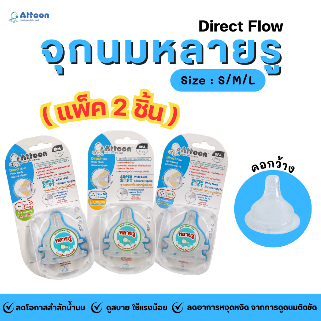 จุกนมซิลิโคน Attoon แอทตูน รุ่นDirect Flow จุกนมหลายรู *คอกว้าง*(แพ็ก 2 ชิ้น) | Shopee Thailand