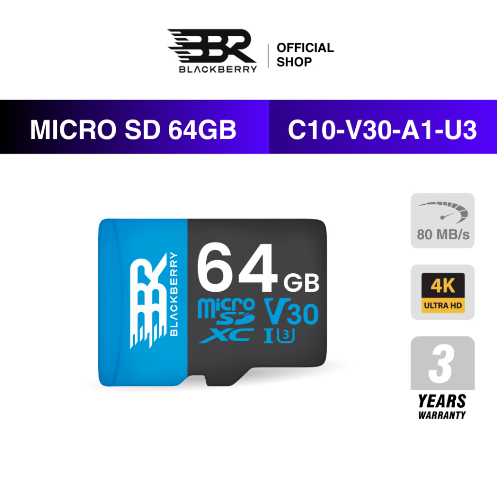 Micro SD Card 64GB Class 10 V30 A1 U3 รองรับ 4K Blackberry (BBR) Memory ...