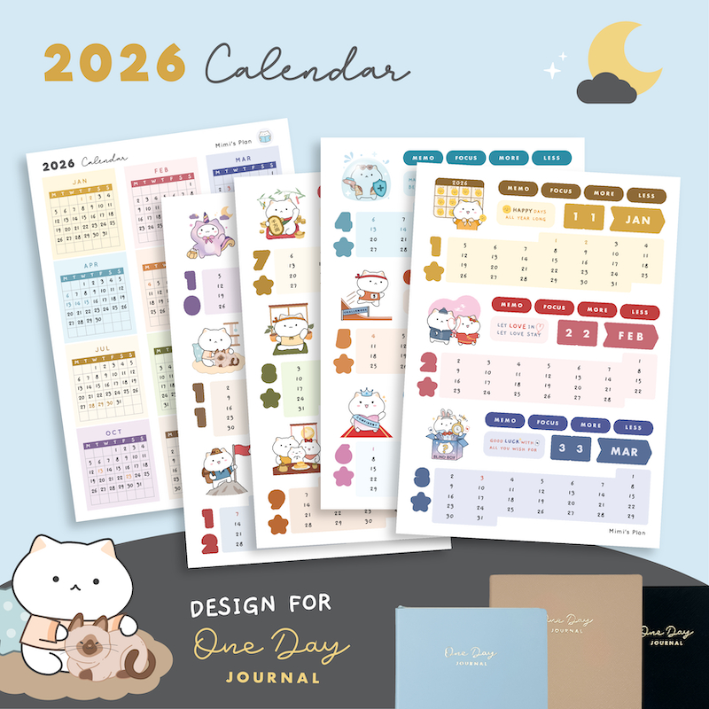สติกเกอร์ 2026 One Day Calendar Sticker ☀️ ปฏิทิน 2568 Monthly Yearly Planner Journal mimisplan ...
