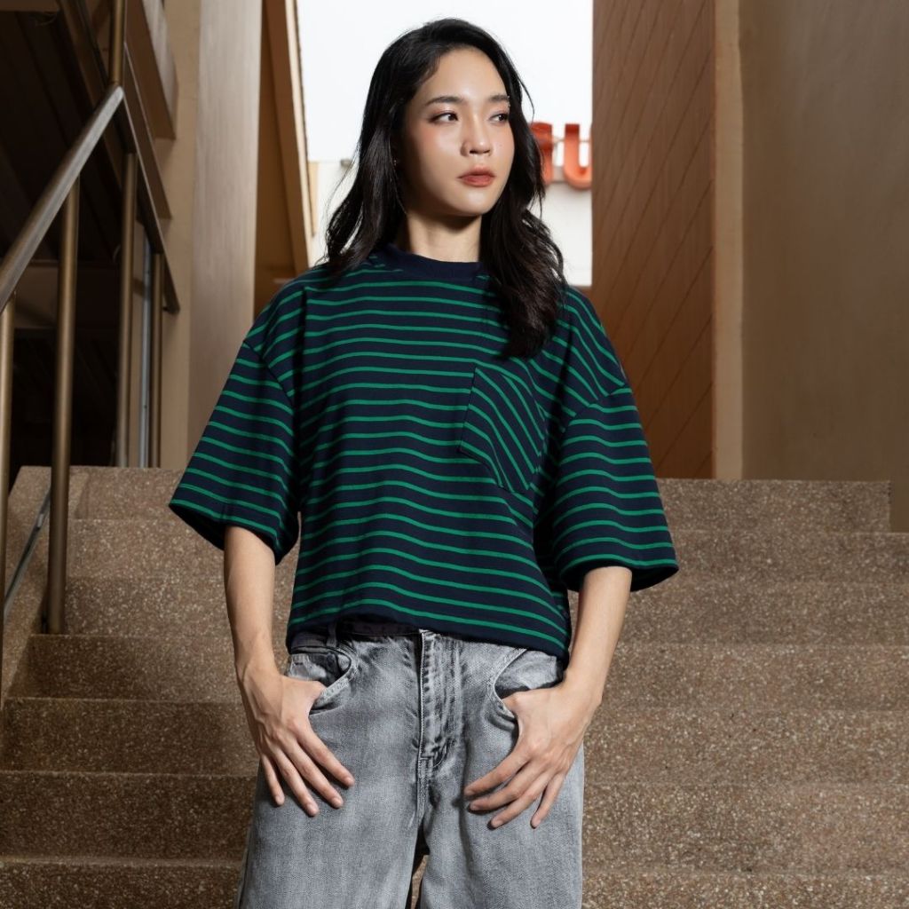 GSP unisex เสื้อยืดผู้หญิง คอกลม แขนสั้น ไหล่ตก สีกรมริ้วเขียว PBD2GR ...