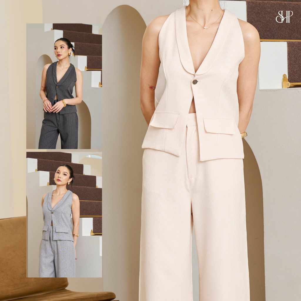 CAMIELLE SET (เสื้อและกางเกง) ชุดเซ็ตเสื้อแขนกุดคอวีลึกและกางเกงขายาว ...