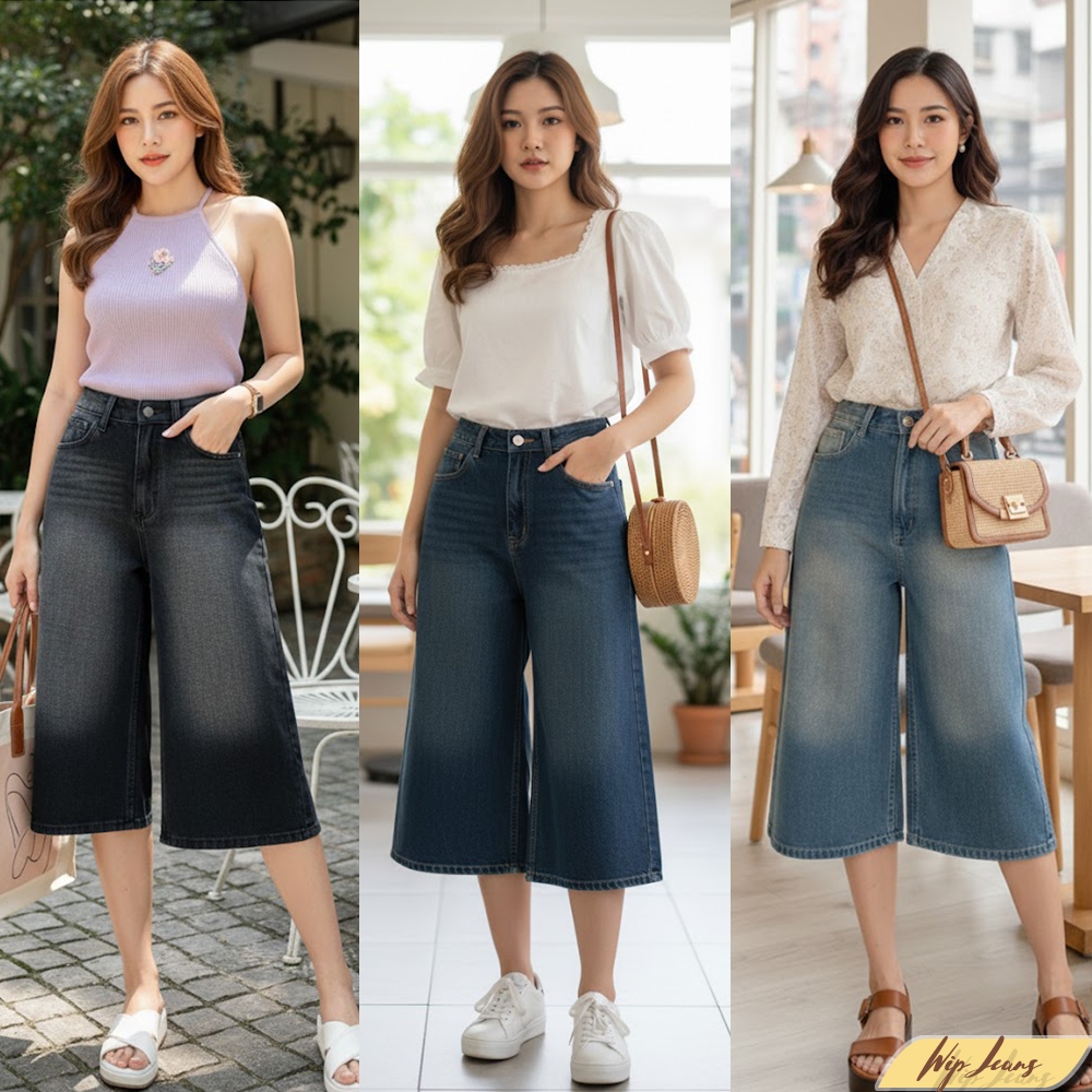 กางเกงยีนส์ 7 ส่วนทรงคลาสซี่ขาบานวินเทจใส่สบายทุกวันสไตล์เรโทรขาพริ้ว ...