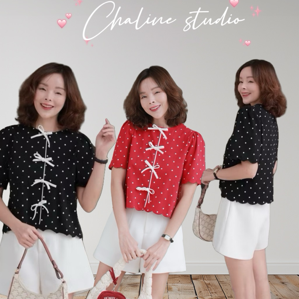 Chaline 7324 เสื้อยืดผ้าคอตตอนเนื้อนุ่ม ใส่สบาย ลาย polkadot แต่งโบ ...