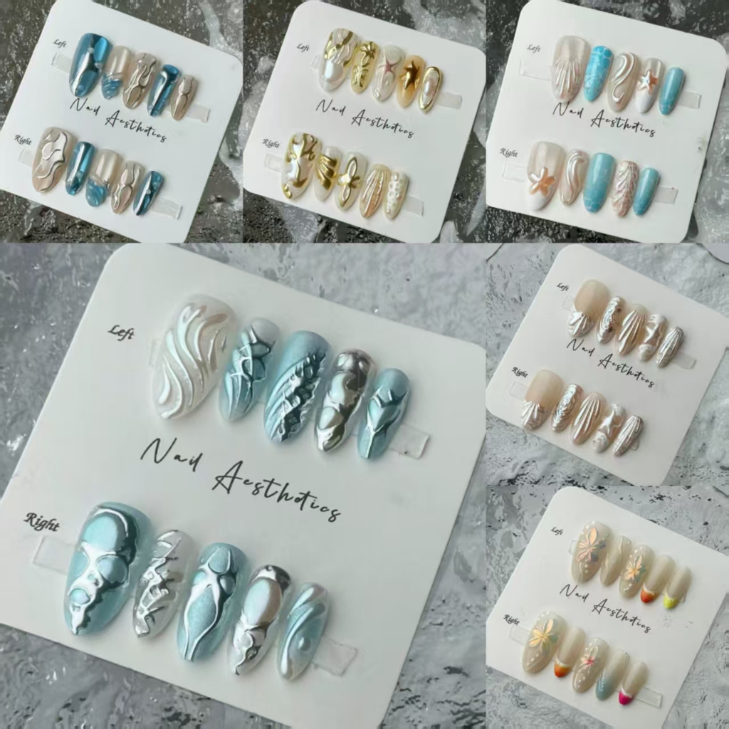【ชุดเครื่องมือฟรี】เล็บปลอม 3 มิติทำมือสไตล์ฤดูร้อน 10ชิ้น เล็บปลอมลาย ...