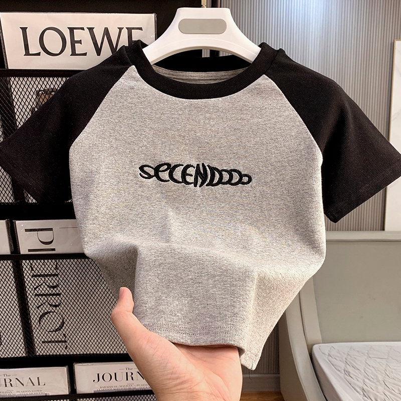 Y6Y - เสื้อครอปสีบล็อกสุดเก๋สำหรับผู้หญิง ผ้านุ่มสบาย เสื้อยืดคอกลมแขน ...