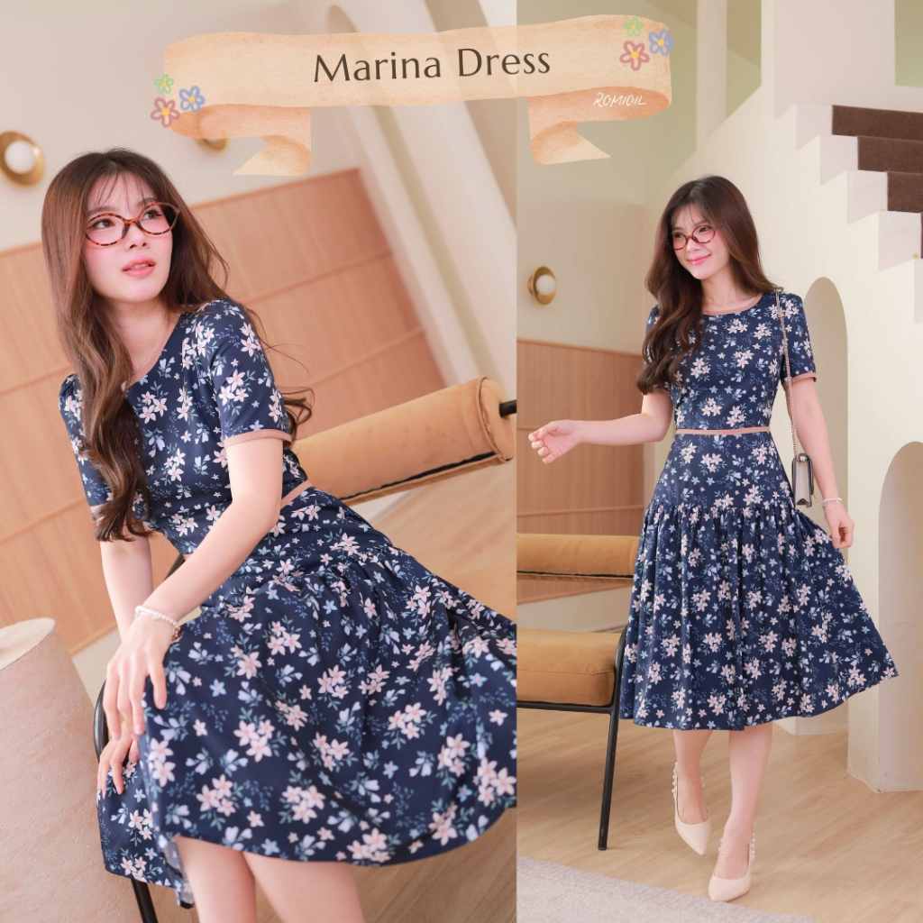 "Romi"Oil" Marina Dress K293 ชุดเดรสสีกรม (แต่งกุ๊นกระโปรงยาว) | Shopee Thailand