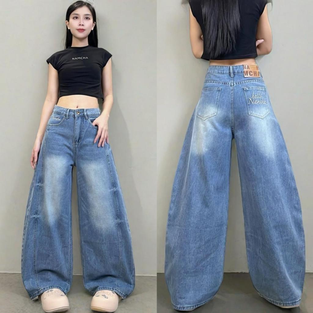 NAMCHA กางเกงยีนส์ทรงบอลลูนเอวสูง สียีน เเต่งเฟด 2919 | Shopee Thailand