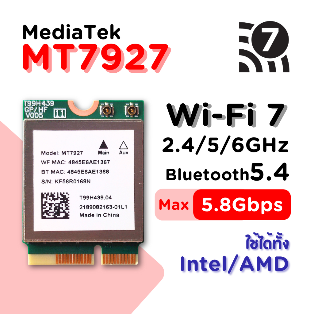 การ์ดไวไฟ MT7927 WiFi 7 802.11be 2.4/5/6GHz 320MHz Bluetooth 5.4 M.2 ...