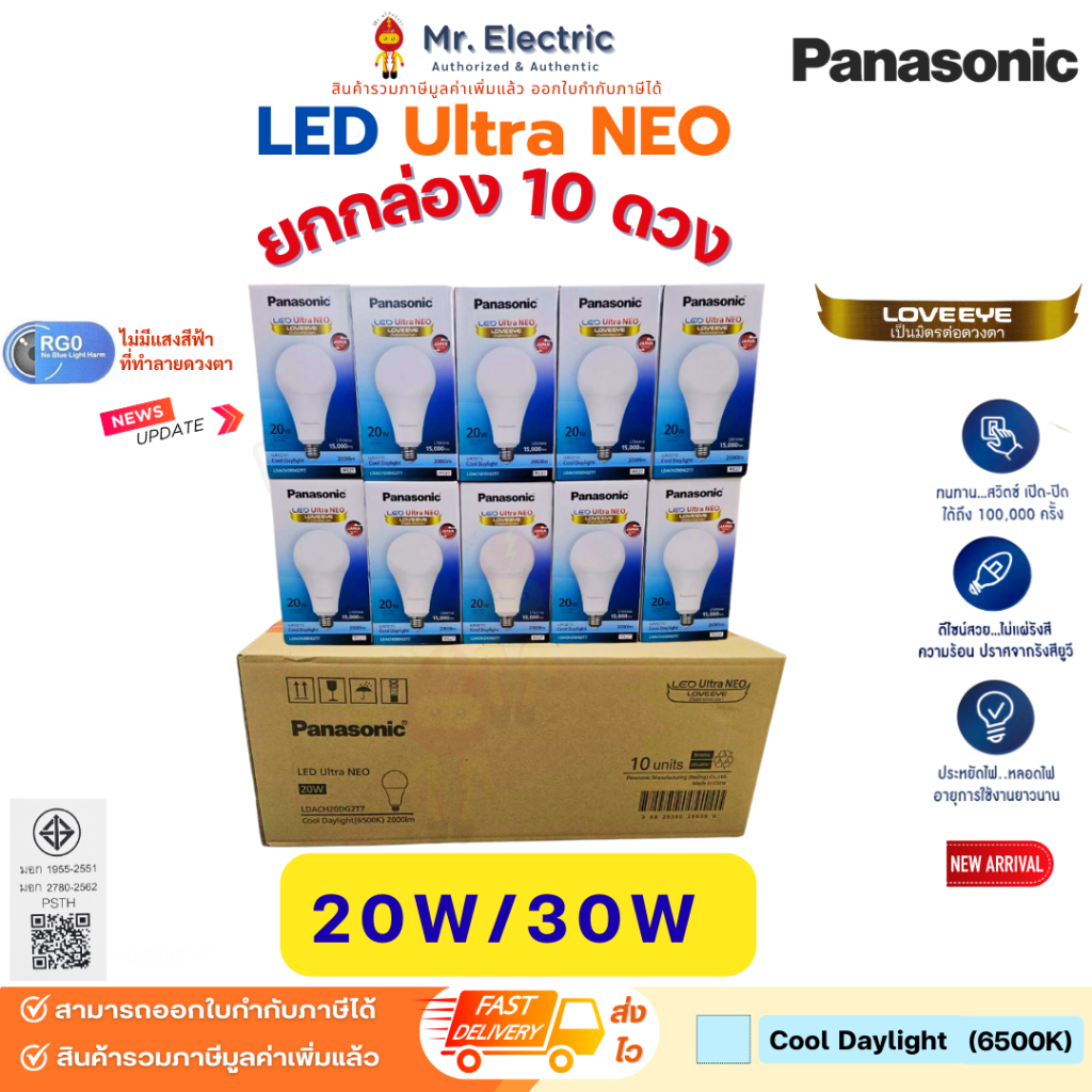 ยกกล่องPanasonic หลอดไฟพานาโซนิคLED Ultra NEO Bulb ขั้วE27 20W,30W แสง ...