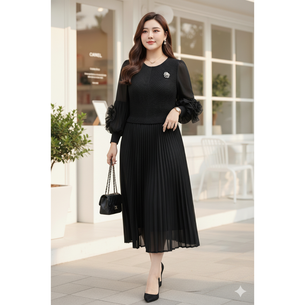 *รอพรีออเดอร์ 10 วัน*Dw42 - เดรสดำอัดพลีทพร้อมเข็มกลัด | Shopee Thailand