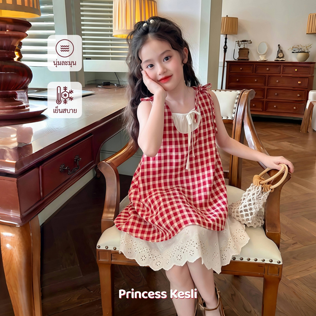 PRINCESS KESLI ชุดเดรสโบว์ลายหมากรุกสีแดงสุดน่ารักสําหรับเด็กผู้หญิง 1 ...