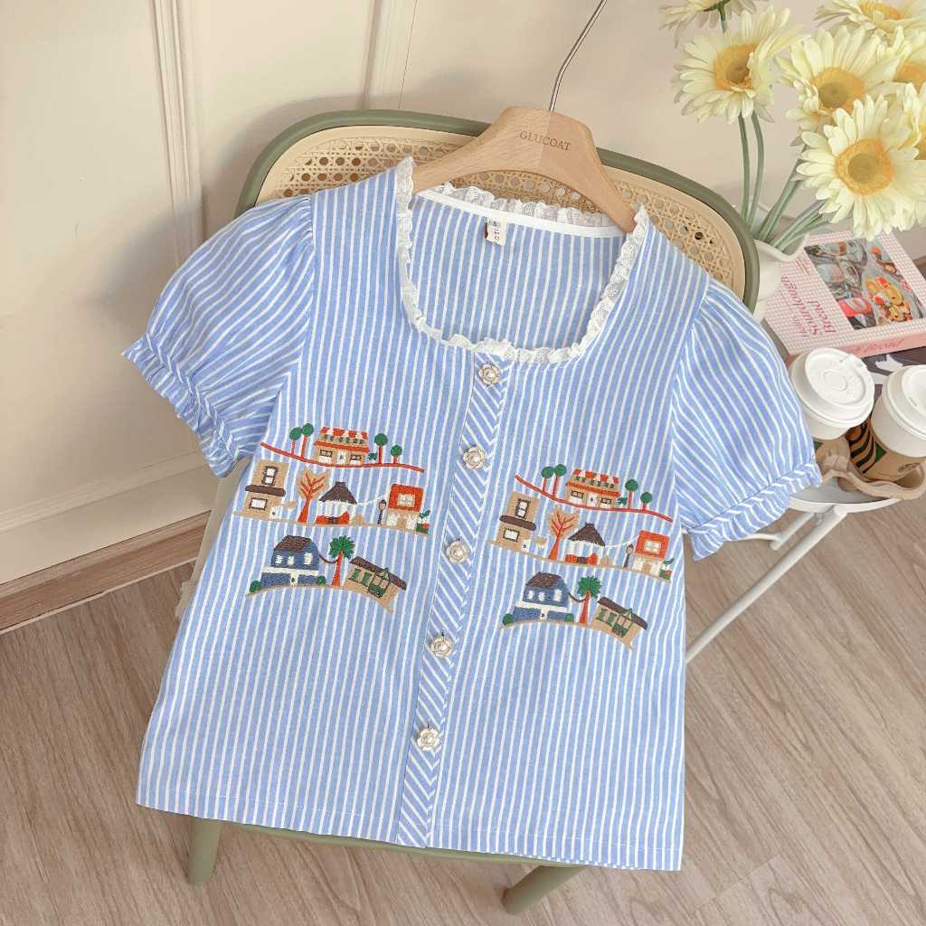 Glucoat | [U362/U655] เสื้อแขนสั้นสีส้มพีช/สีฟ้า ลายริ้วคอเสื้อเเต่ง ...