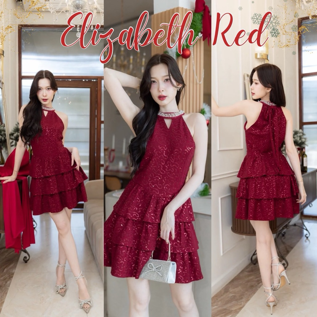 🌸 ELIZABETH RED/WHITE 🌸 เดรสกลิตเตอร์ | Shopee Thailand
