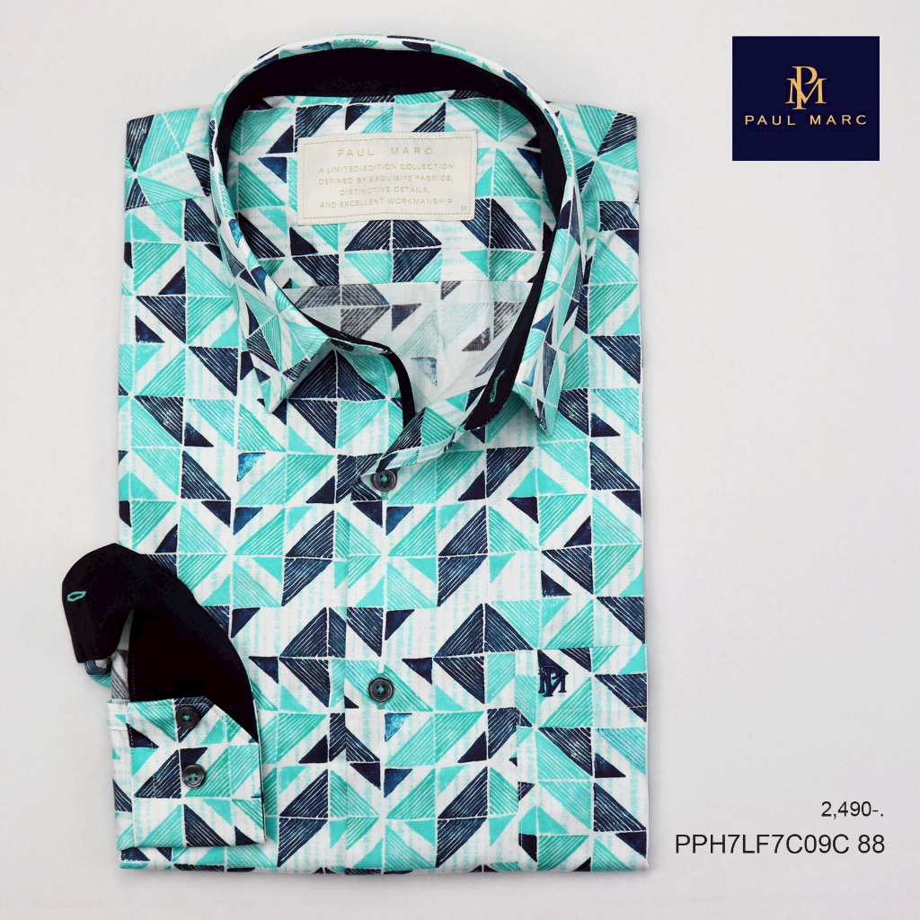 PAUL MARC เสื้อเชิ้ตลายพิมพ์กราฟฟิกสีเขียว slim signature print ผ้านุ่ม ...