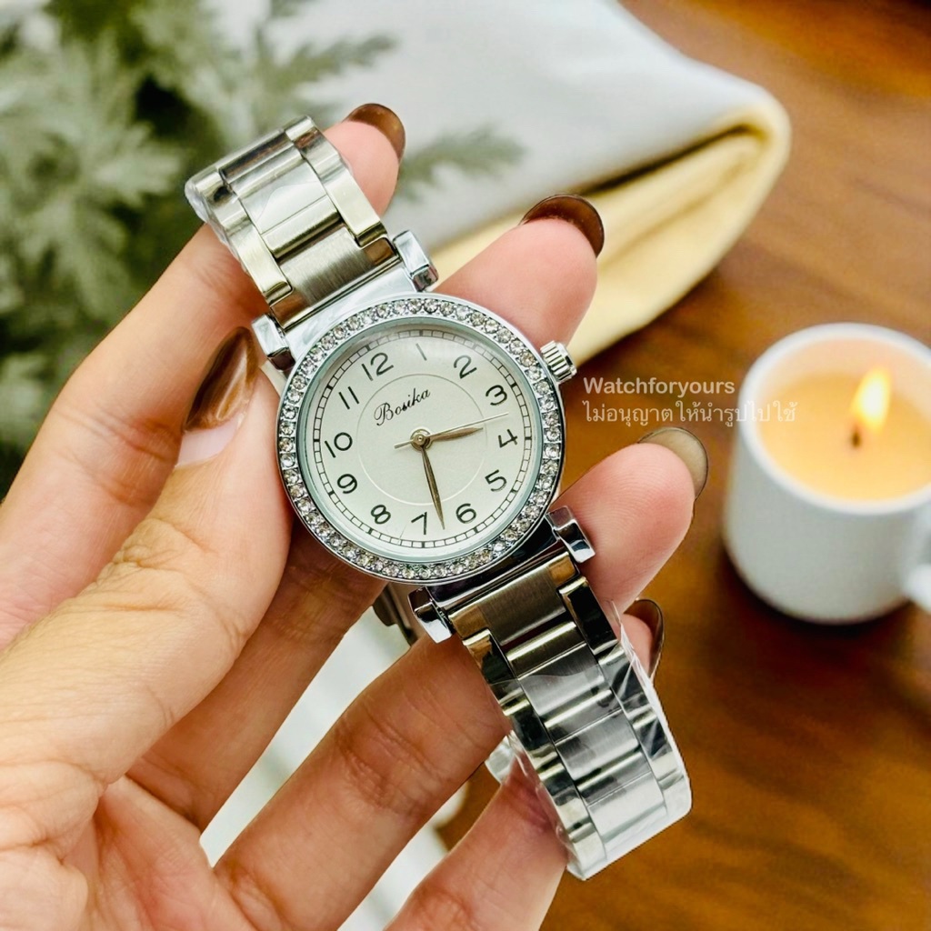 BOSIKA นาฬิกาข้อมือ ผู้หญิง ตัวเลขครบ ตัวเรือนล้อมเพชร ขนาดหน้าปัด 28 ...