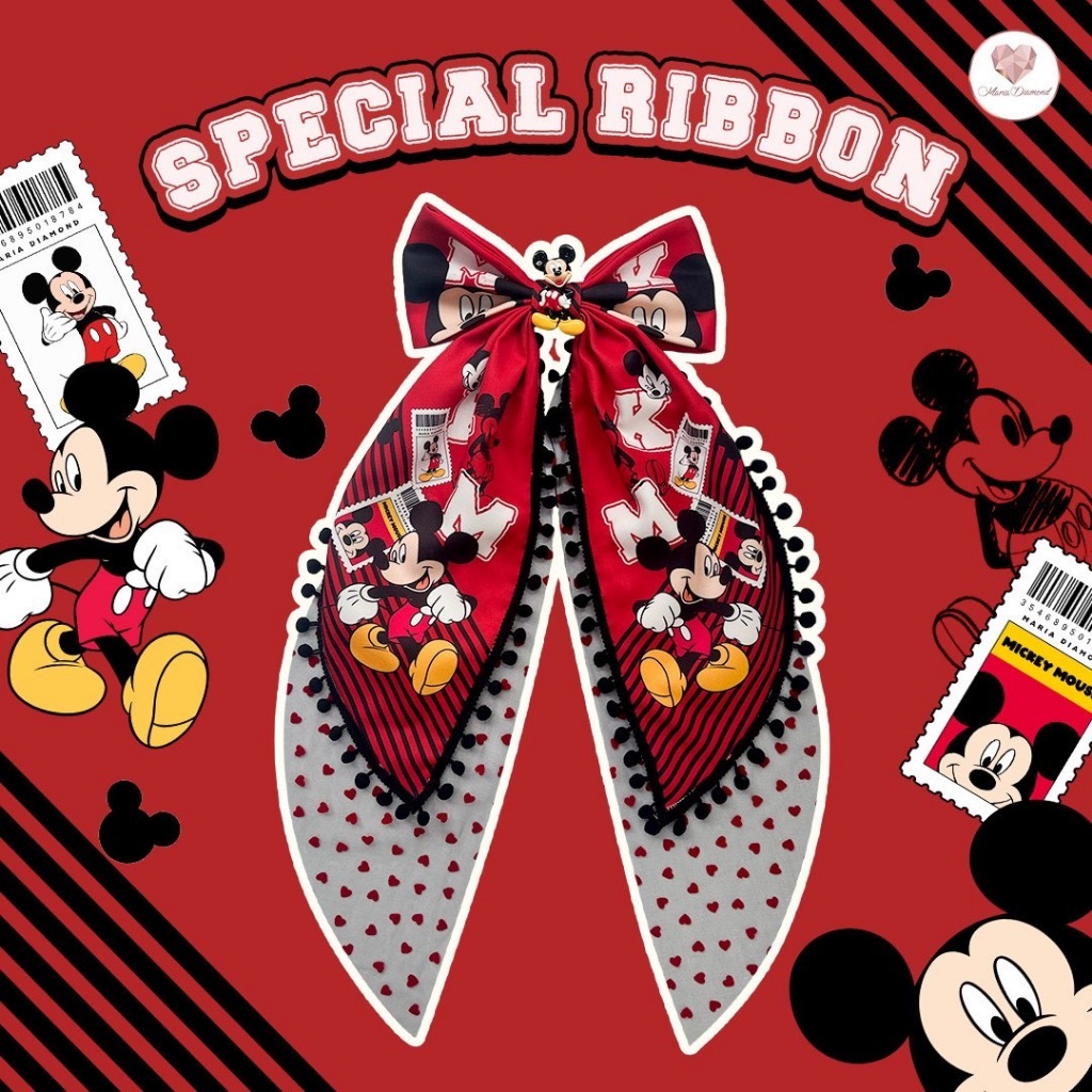 โบว์มิกกี้แดง แต่งปอมๆดำ Special Ribbon กิ๊บสปริงสีทอง น่ารักสดใส ...