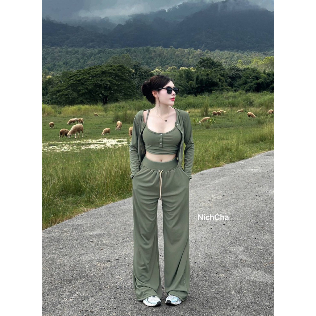 #Nicha Set3ชิ้นเสื้อสายเดี่ยว กระดุมจะใช้งานได้จริง คลุมแขนยาว กระดุมใช้งานได้กางเกงขายาวเอวสูง ...