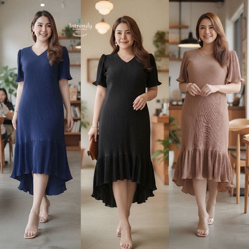 เดรสพลีทหน้าสั้น หลังยาวสาวอวบ Low- hight Dress peat B221(อก:34 - 50 ...