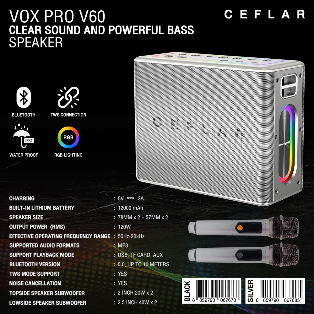 CEFLAR VOX PRO V60 ตู้ลำโพงบลูทูธ พร้อมไมโครโฟนไร้สายถือคู่ เหมาะกับการ ...