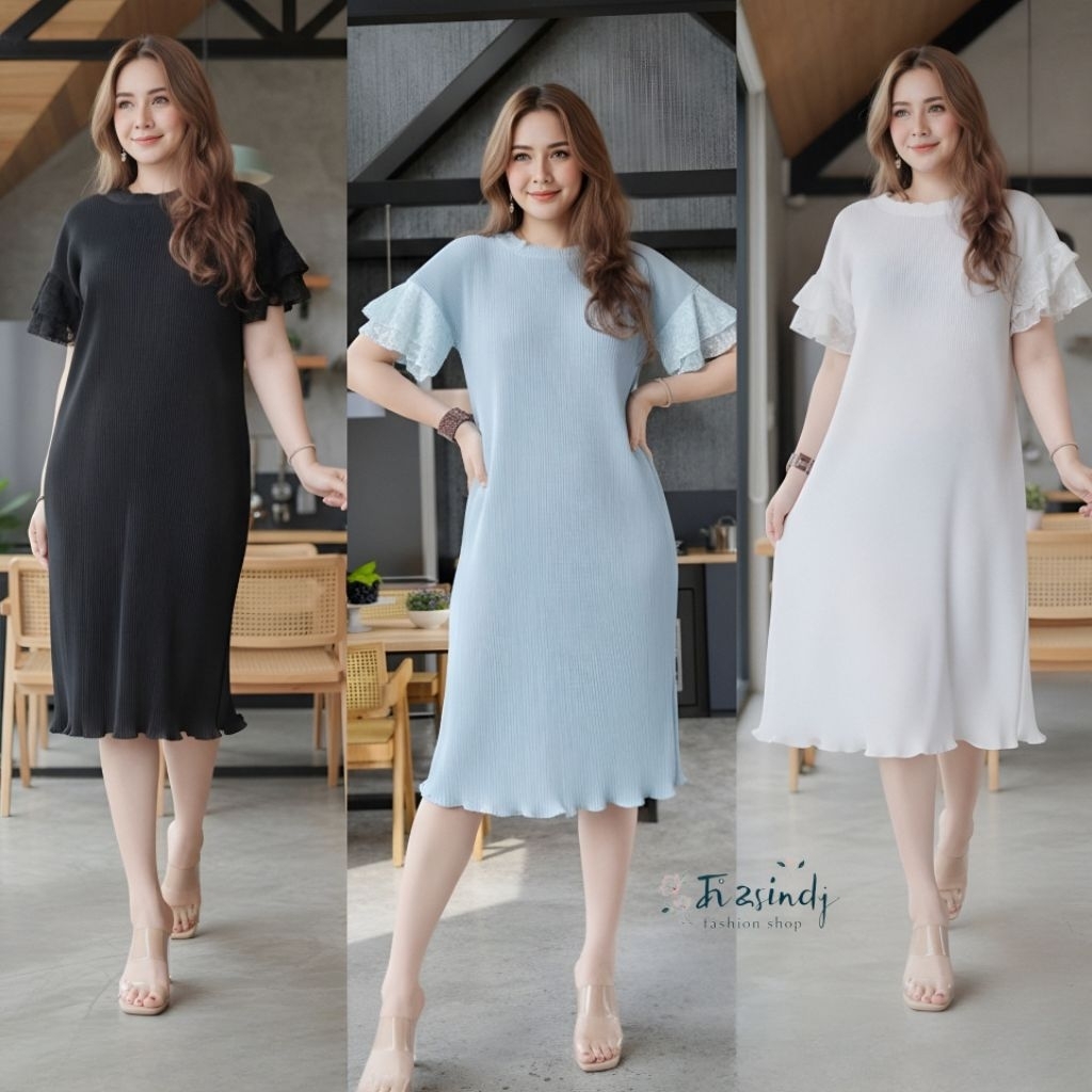พร้อมส่ง.เดรสพลีทแขนลูกไม้ระบาย2 ชั้น Dress peat B11 อก:36 - 52 นิ้ว ...