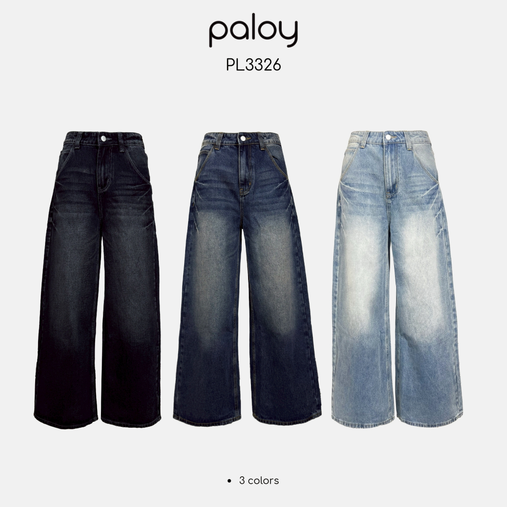 Paloy - PL3326 กางเกงยีนส์ขายาว ทรงกระบอก ดีเทลกระเป๋าหน้าสายฟ้า ...