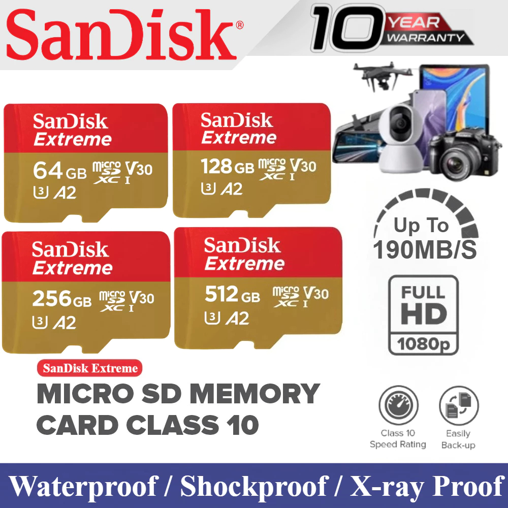 Sandisk Extreme Up To 190MB/S MicroSD Card A2 Class 10 (32GB/64GB/128GB ...