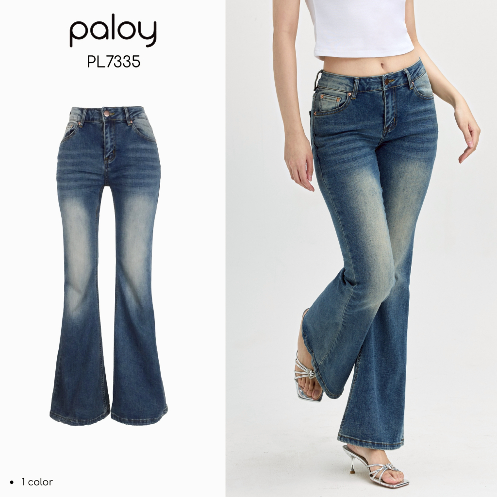 Paloy - PL7335 กางเกงยีนส์ขาม้าโพนี่ เอวต่ำ แต่งเฟด ผ้ายืดใส่สบาย ...