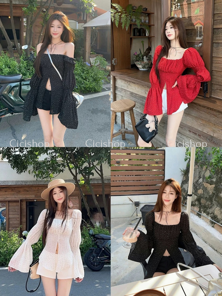 Cicishop(J2228) เสื้อแขนบาน คอเหลี่ยมใส่ได้2แบบ เป็นปาดไหล่ก็น่ารัก ลาย ...