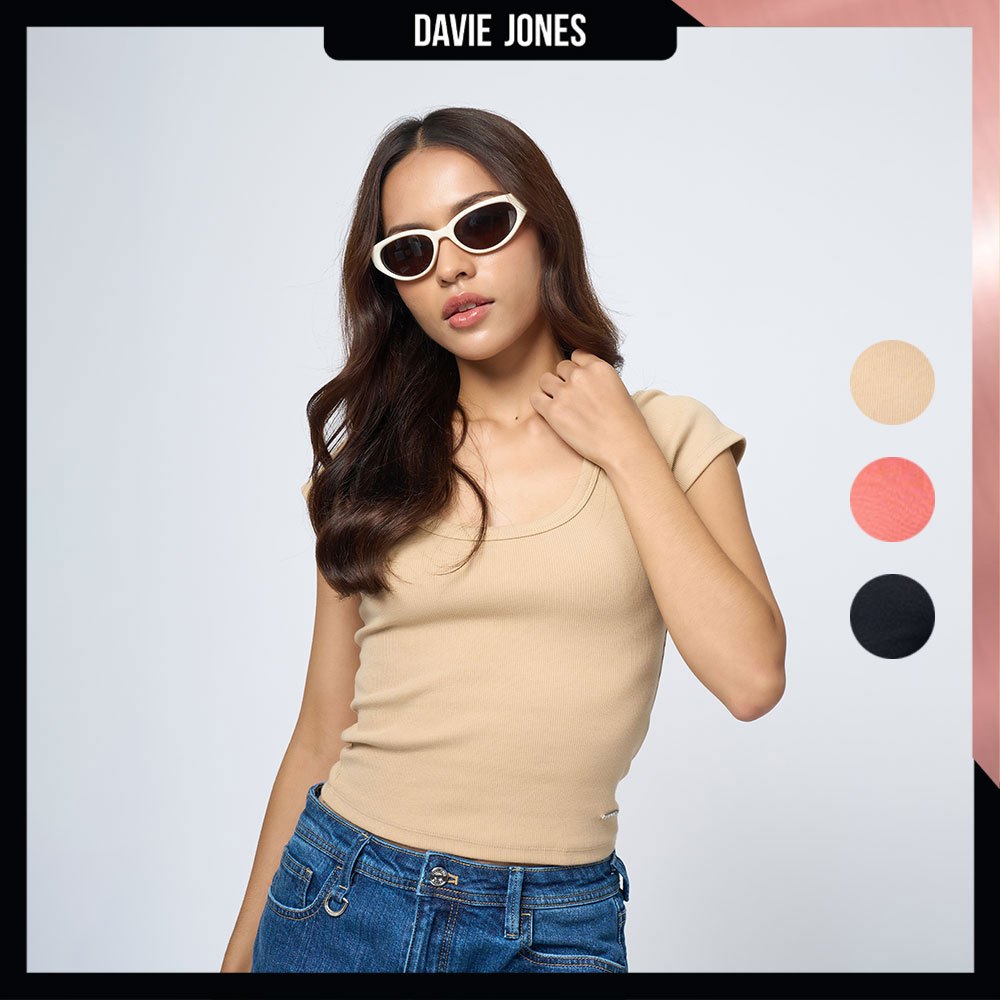 DAVIE JONES WOMEN เสื้อยืดผู้หญิง Basic U Neck T-Shirt BA0015 สีเบจ ชมพู ดำ | Shopee Thailand