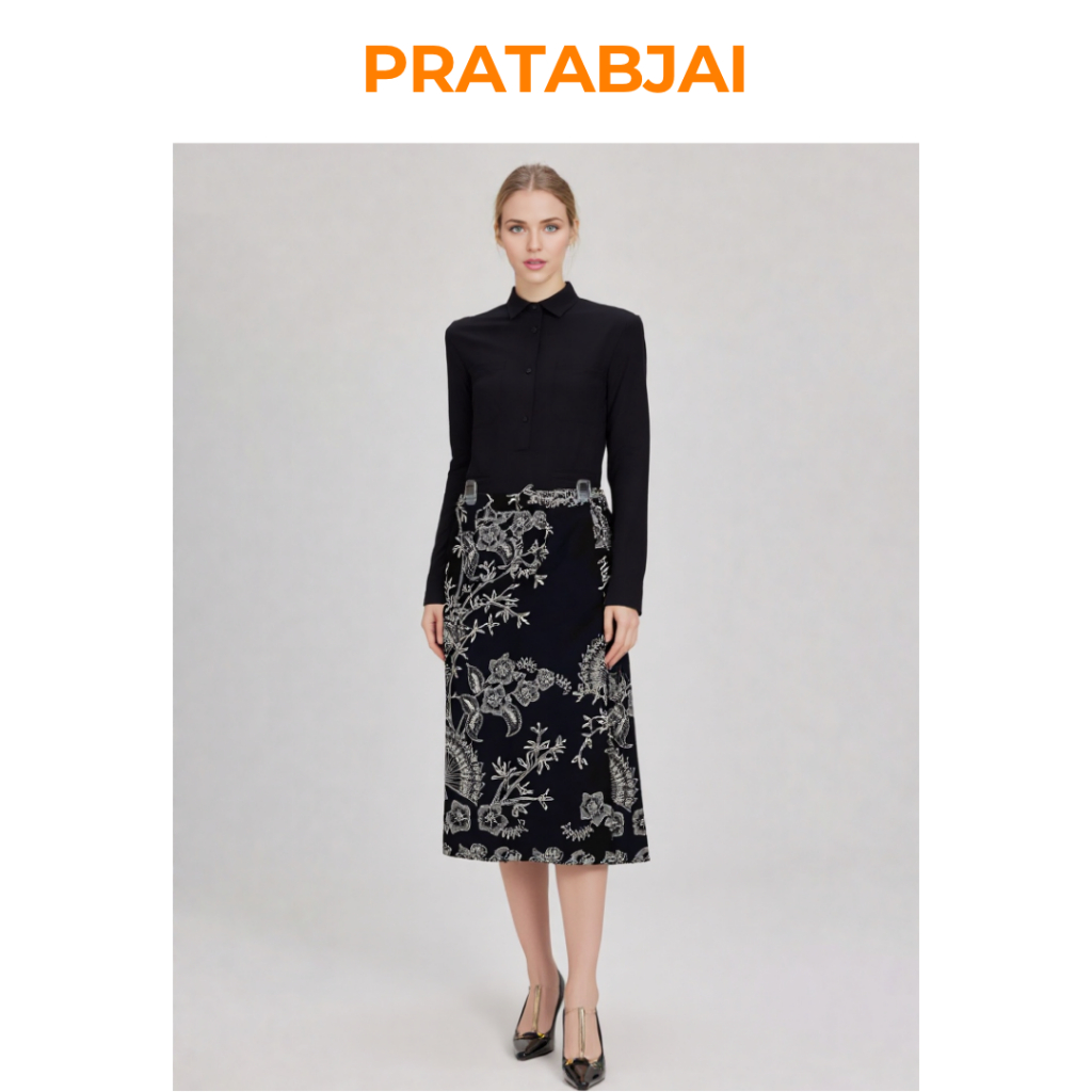ประทับใจปาเต๊ะ [แบรนด์ไทย] กระโปรงยาวทรงเอรุ่นสีดำปาเต๊ะ ผ้าถุงสำเร็จปาเต๊ะ ผ้าไทย ลายปาเต๊ะ ...