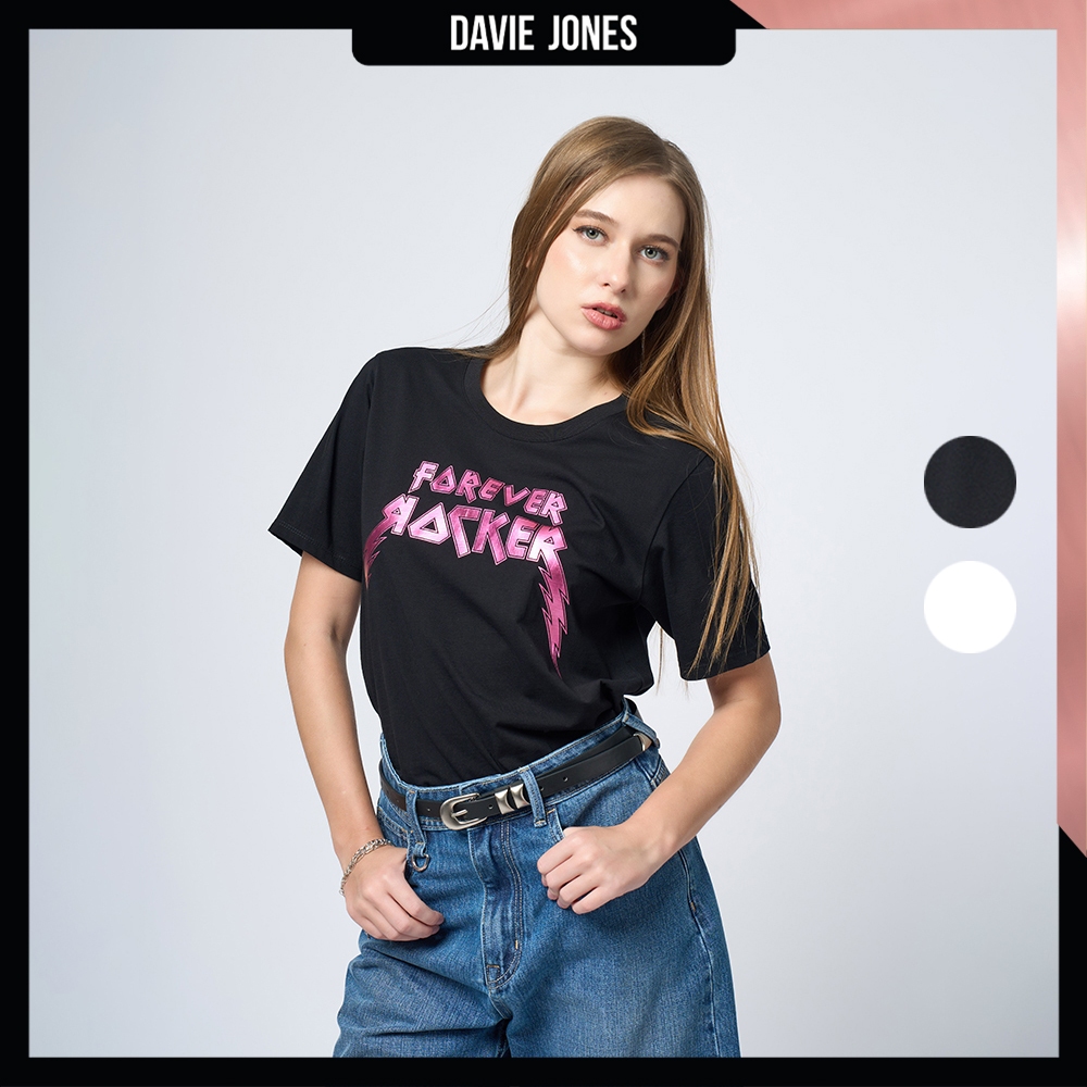 DAVIE JONES WOMEN เสื้อยืดผู้หญิง พิมพ์ลาย Graphic Regular Fit T-Shirt ...