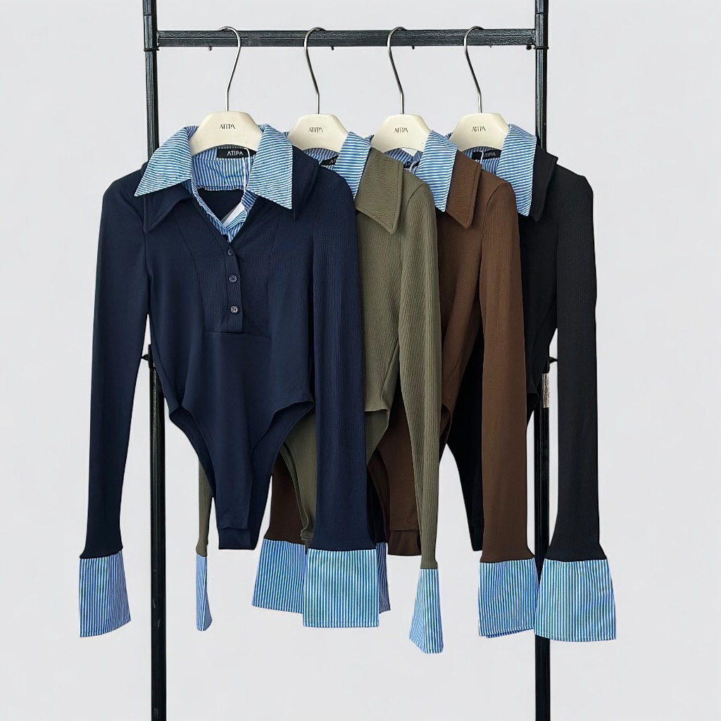 Atipashop - ARDENNE FORMAL BODYSUIT (#7313) บอดี้สูทแขนยาว คอปก สีทูโทน ...