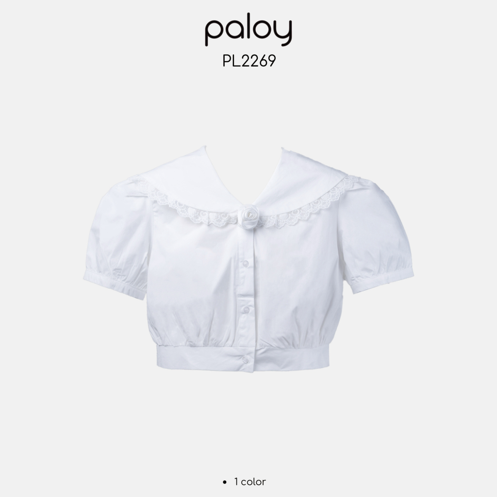 Paloy - PL2269 Blossom Collar Top เสื้อครอปแขนตุ๊กตาคอปกใหญ่ติดดอกคา ...