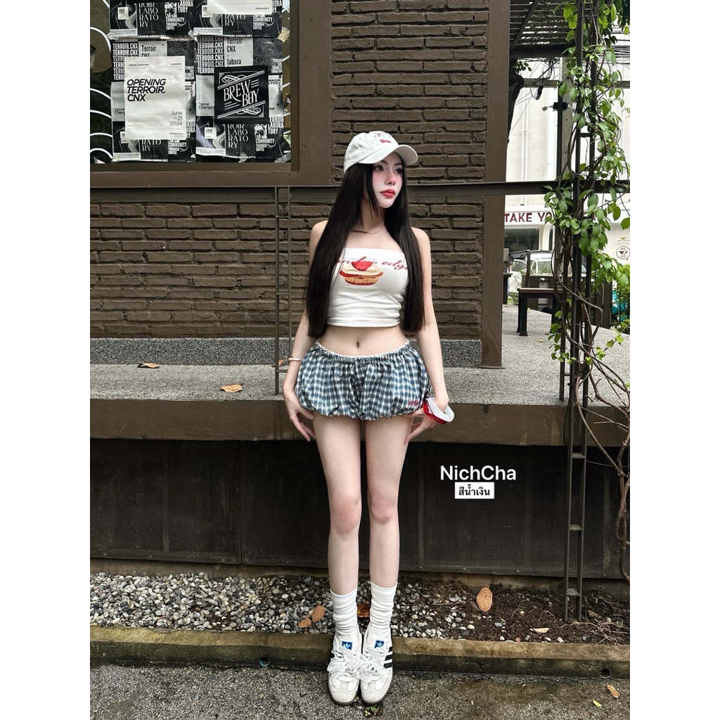 #Nicha Set3ชิ้น เกาะอกย่นข้างสกีนคัพเค้ก น่ารัก กางเกงบอลลูนเอวต่ำลายสก็อต เชิ้ตคลุมแขนยาว สีสัน ...