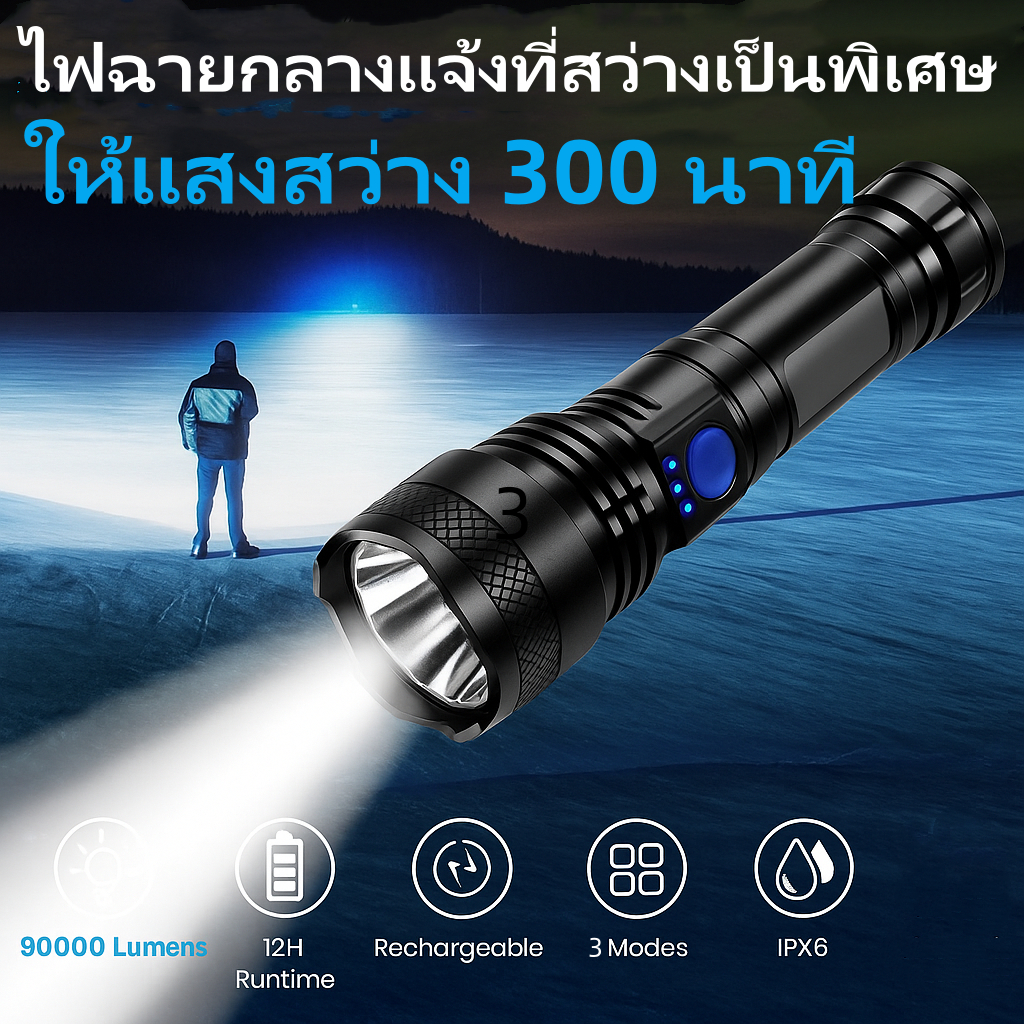 ไฟฉาย LED 90000 Lumens ชาร์จ USB ระยะไกล 9900 วัตต์ สำหรับการตั้งแคมป์ ...