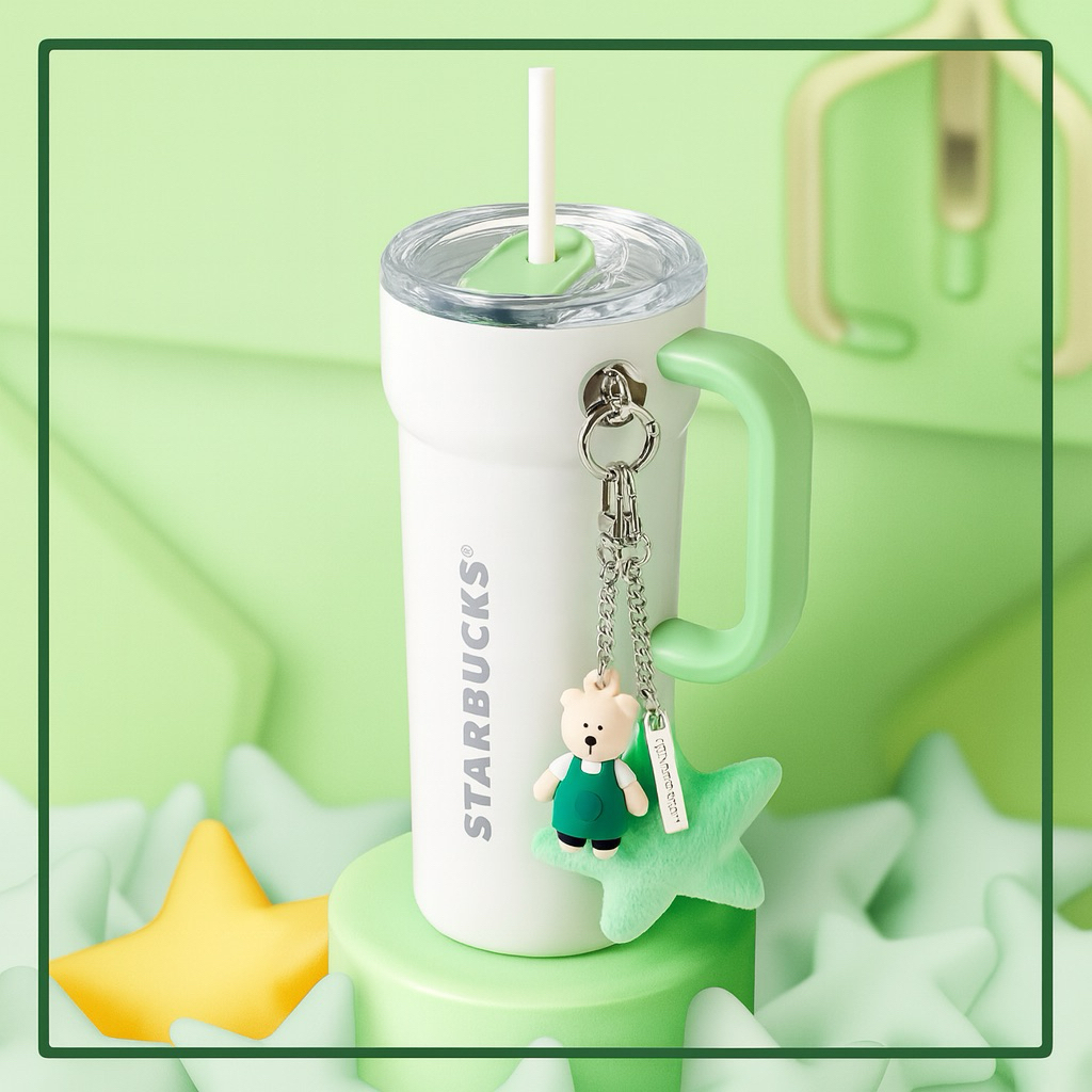 💯%Starbucks® Rewards Ivory & Green Cold Cup with Bearista Keychain (สุด ...