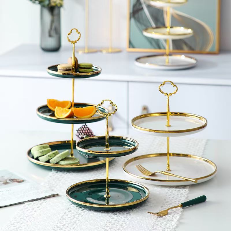 (จัดส่งรวดเร็ว)จานLuxury Multi-Layered Stand Plateขอบทอง จานใส่ขนม2ชั้น ...