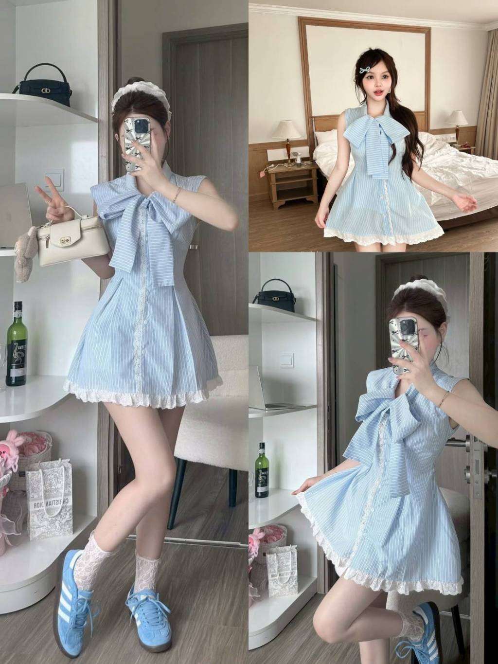 【GOODLUCKSHOP】 GLS 32453 มินิเดรสลายริ้วแต่งลูกไม้ทั้งชุดลุคสวยหวานจบ ...