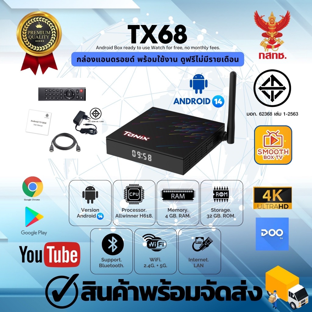 Android 14 รุ่น Tx68 Rom 32GB. Ram 4GB. รองรับ Lan และ Wifi 2.4 / 5G มี ...