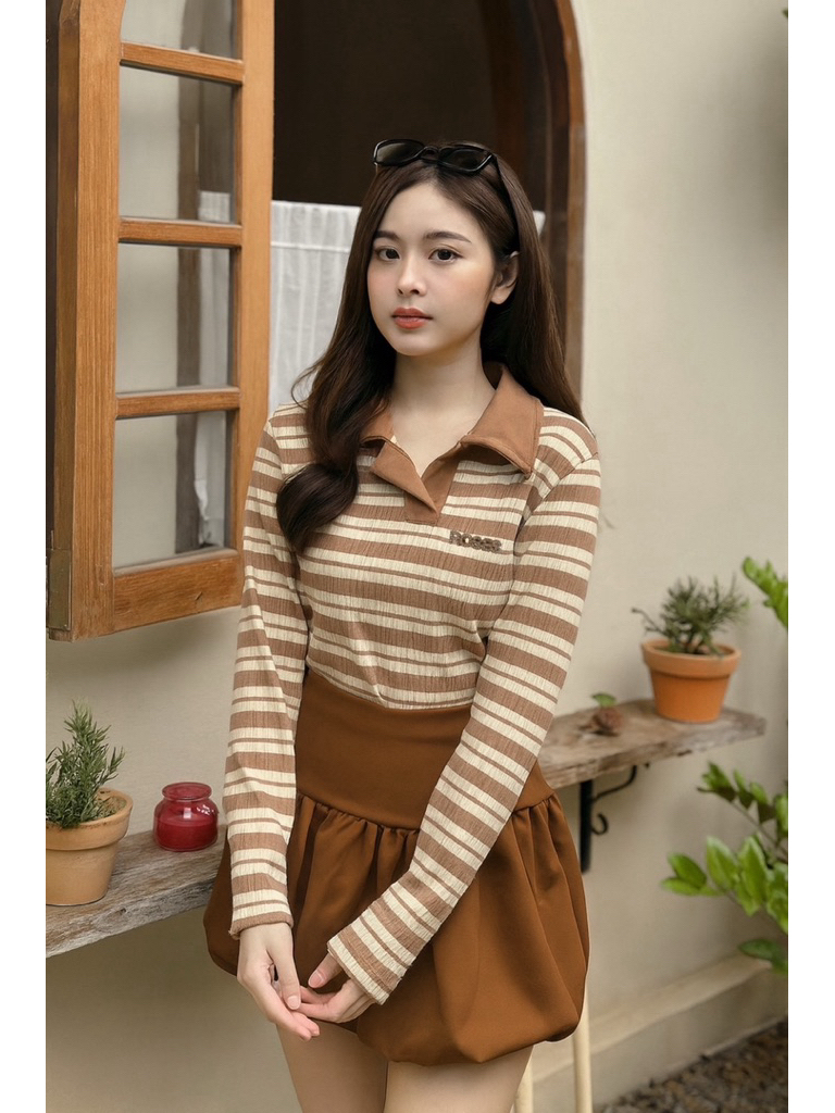 #Roseshop เซ็ต2ชิ้นเสื้อลายทางโทนคาเฟ่ จับคู่กับกระโปรงบับเบิ้ลทรงพองน่ารักใส่ถ่ายรูปคือเกินต้าน ...