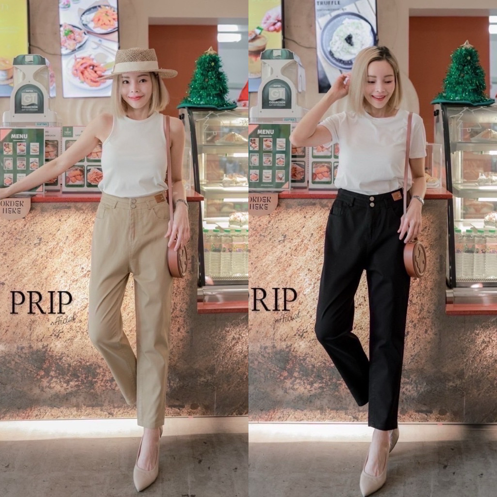 [ส่งเร็ว] Chaline & prip กางเกงผ้าคอตตอน เนื้อผ้าดีมาก แต่งป้ายหนังชิคๆ ...