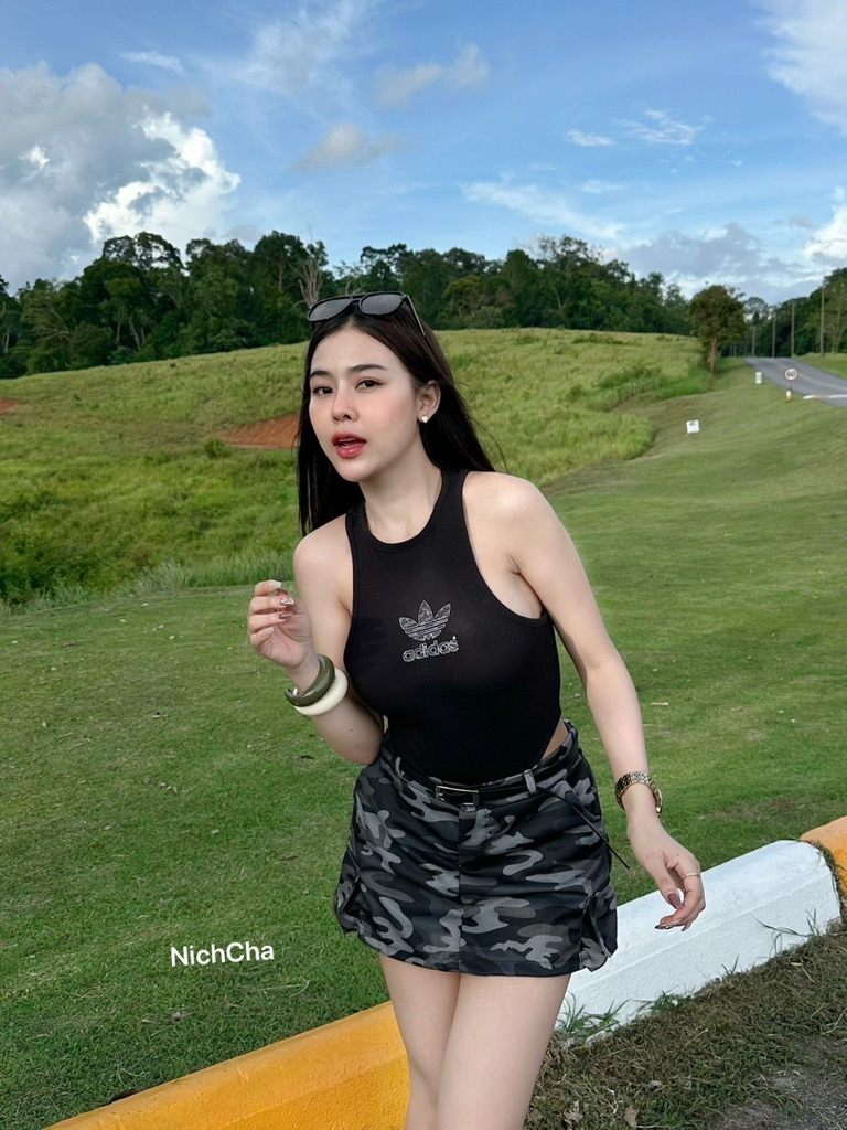 #Nicha Set3ชิ้น บอดี้สูทกล้าม สกรีนหน้าอก กระโปรงซิปหน้า มีซับกางเกง กระเป๋าคาร์โก้ มาพร้อมเข็ม ...