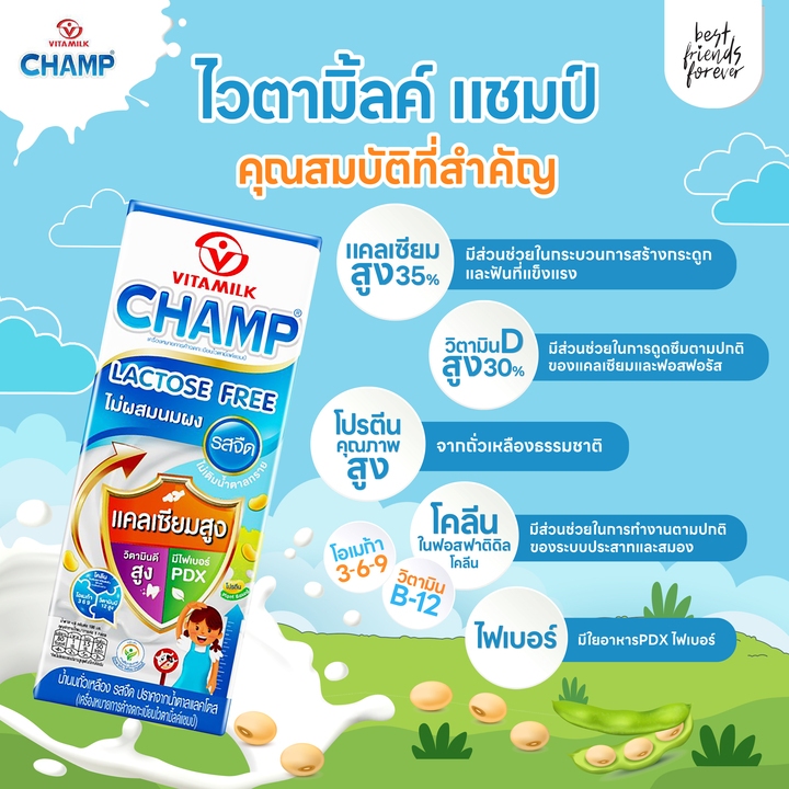 Vitamilk Champ ไวตามิ้ลค์ แชมป์ รสจืด แลคโตสฟรี 180 มล.(1 กล่อง และ 4 ...