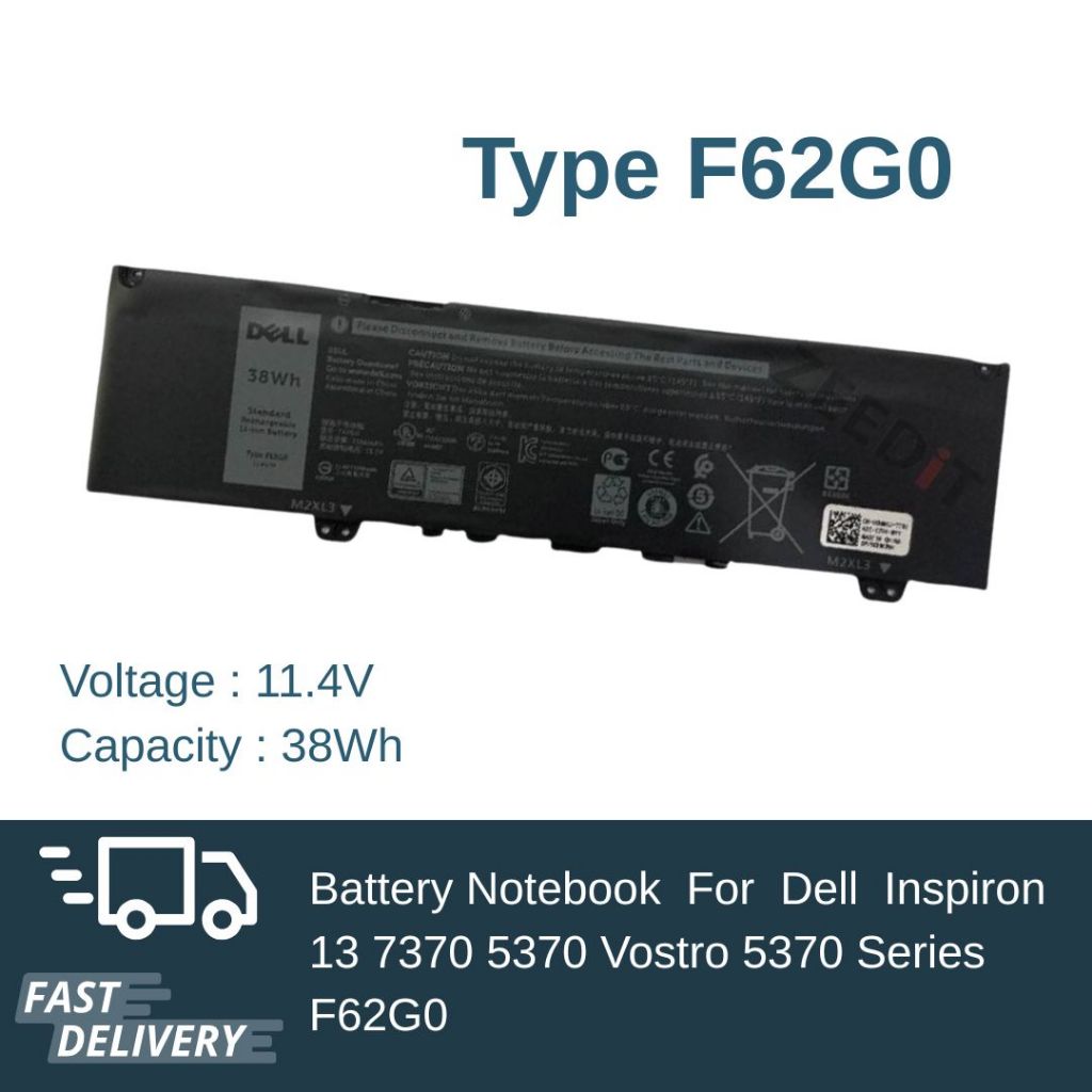 แบตเตอรี่โน๊ตบุ๊ค F62G0 Replacement for 7370 5370 RPJC3 Dell Inspiron ...