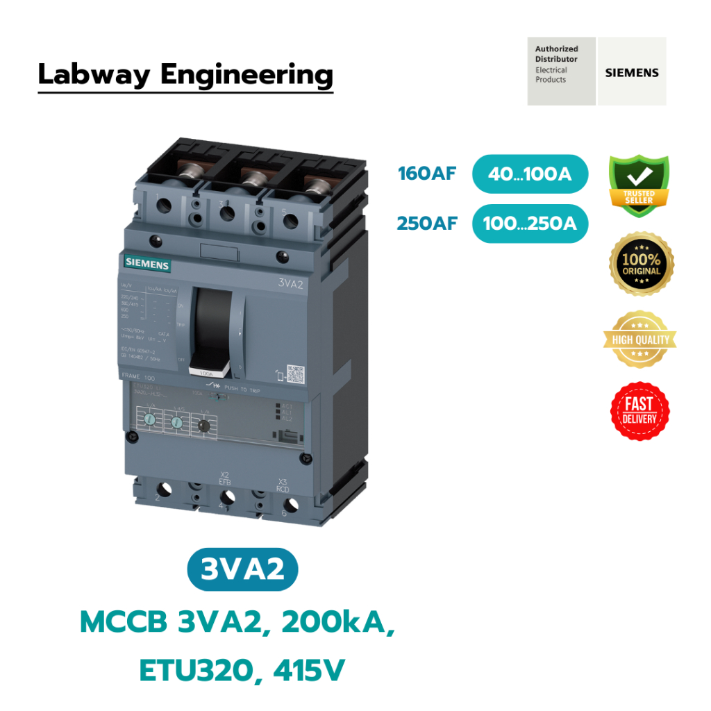 SIEMENS 3VA2 circuit breaker 160AF 200kA 415V ETU320, 3-Pole | Shopee ...