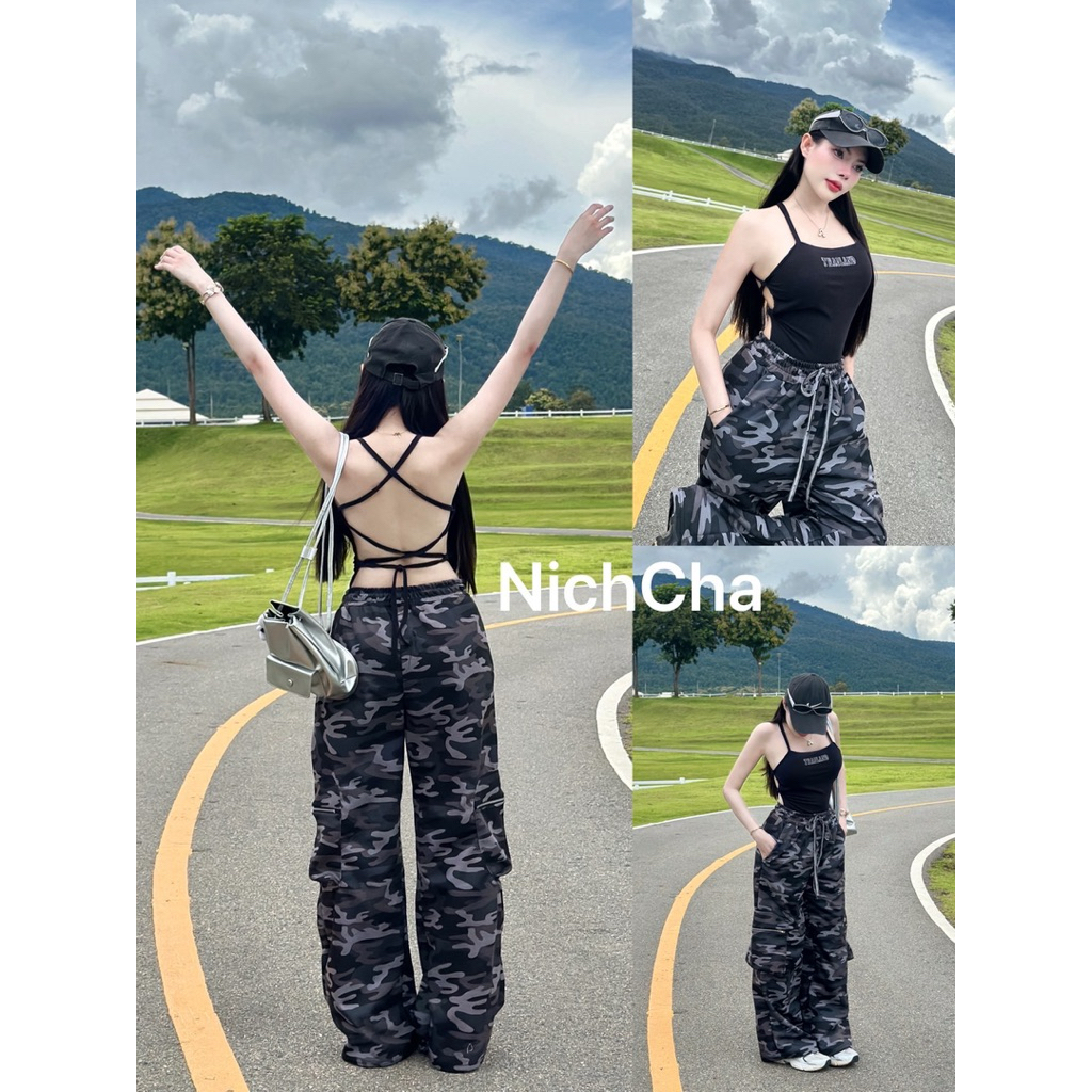#Nicha Set2ชิ้น สายเดี่ยว ถักหลังสกรีนหน้าอก กางเกงขายาวทหารพรางตัวกระเป๋าคาร์โก้ซิป ทรงสปอต ...