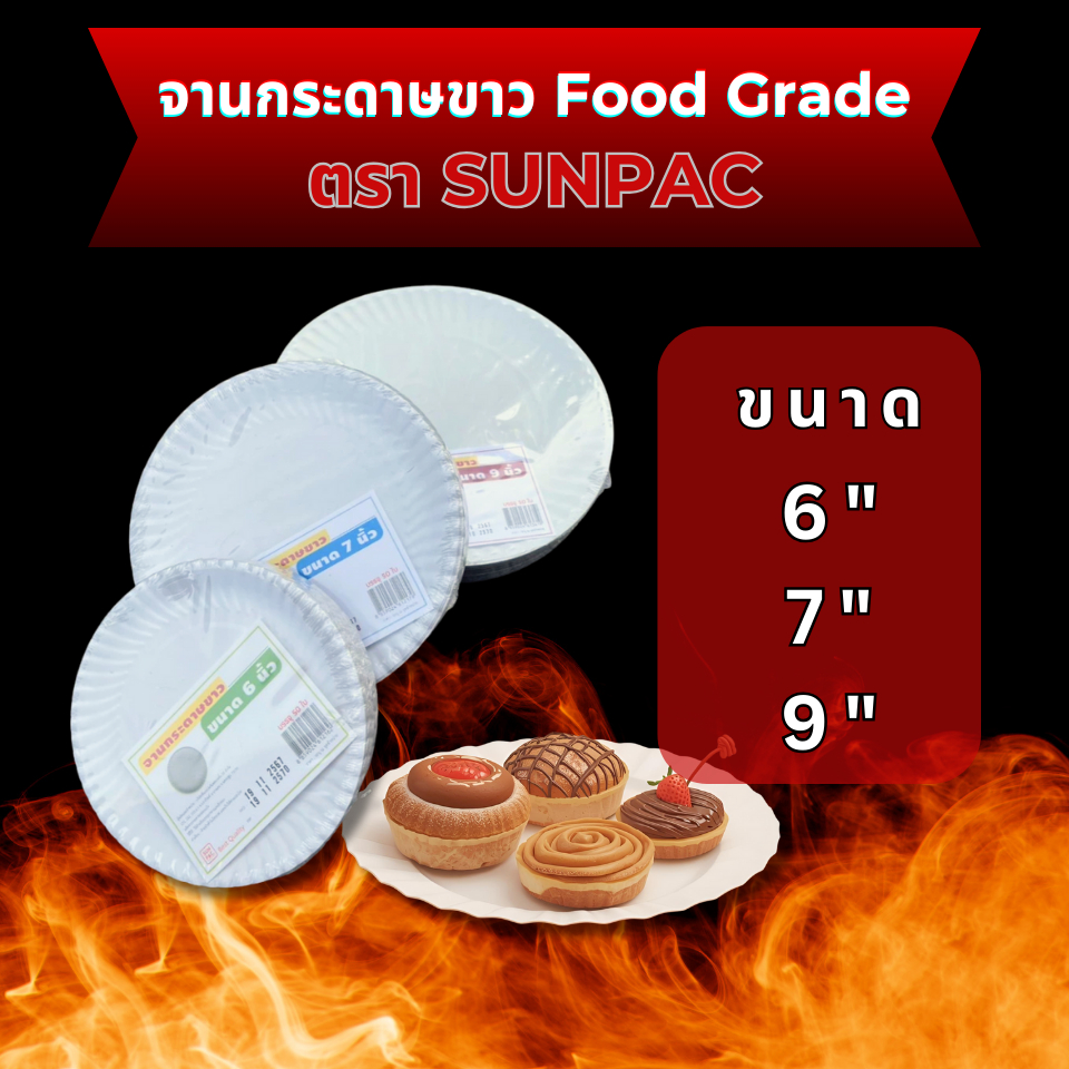 จานกระดาษขาว Food grade ยี่ห้อSUNPAC ขนาด 6/7/9นิ้ว ผลิตจากกระดาษกล่อง ...
